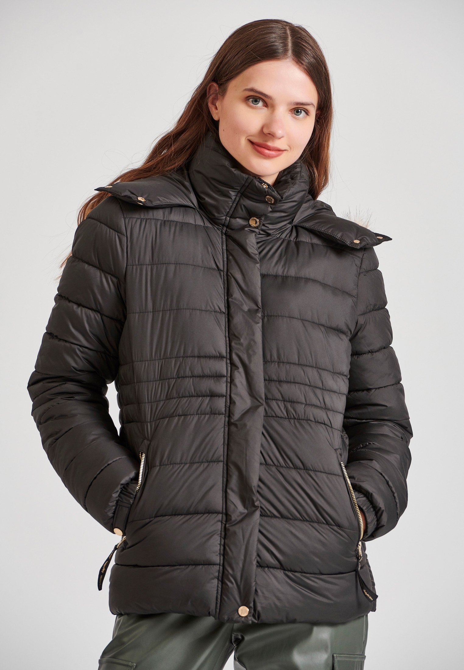 Quilted puffer jacket with detachable fur FBL010-100-01_BLACK| funky ...