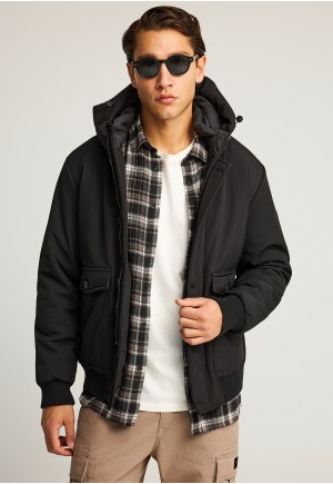 Ανδρικό bomber μπουφάν με κουκούλα FBM012-020-01_BLACK| funky-buddha.com